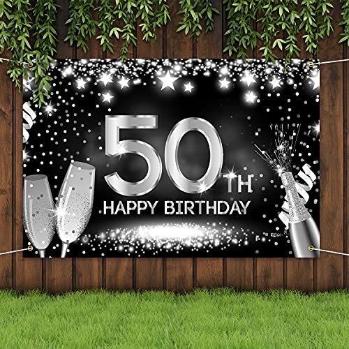 Happy 50th Birthday Banner Backdrop Silver and Black Champagne Glasses 50 Years Old Background Bday Decorations for Women Men Her Him Photography Party Supplies Glitter