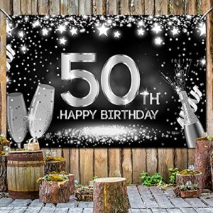 Happy 50th Birthday Banner Backdrop Silver and Black Champagne Glasses 50 Years Old Background Bday Decorations for Women Men Her Him Photography Party Supplies Glitter