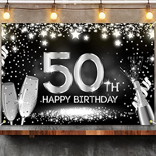 Happy 50th Birthday Banner Backdrop Silver and Black Champagne Glasses 50 Years Old Background Bday Decorations for Women Men Her Him Photography Party Supplies Glitter