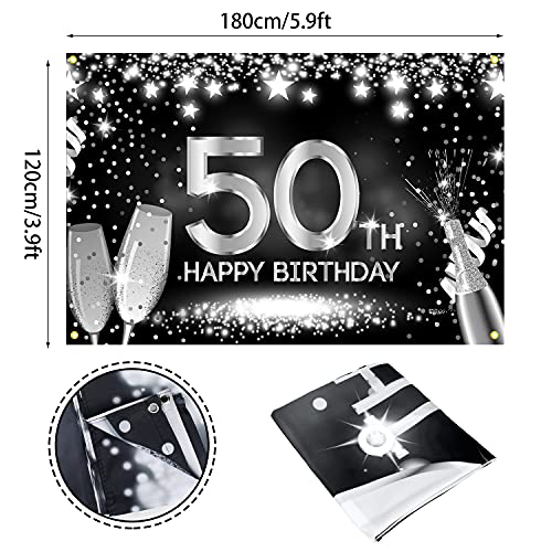 Happy 50th Birthday Banner Backdrop Silver and Black Champagne Glasses 50 Years Old Background Bday Decorations for Women Men Her Him Photography Party Supplies Glitter