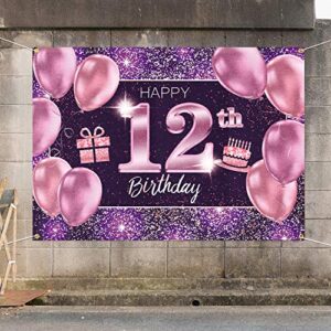 PAKBOOM Happy 12th Birthday Banner Backdrop - 12 Birthday Party Decorations Supplies for Girl - Pink Purple Gold 4 x 6ft