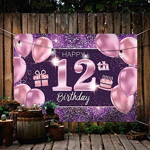 PAKBOOM Happy 12th Birthday Banner Backdrop - 12 Birthday Party Decorations Supplies for Girl - Pink Purple Gold 4 x 6ft