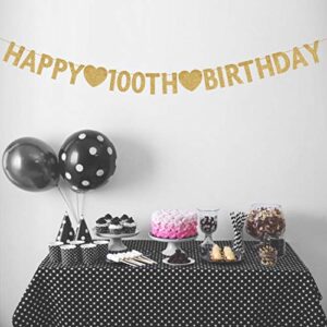 Gold Happy 100th Birthday Banner, Glitter 100 Years Old Woman or Man Party Decorations, Supplies