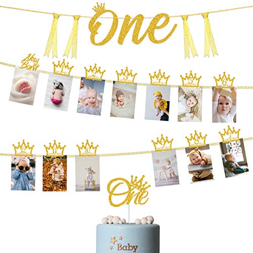 First Birthday Decorations, 1st Birthday Photo Banner for Newborn to 12Months, Gold “ONE” Birthday Banner and ONE Cake Topper for Birthday Party (Gold Glitter)