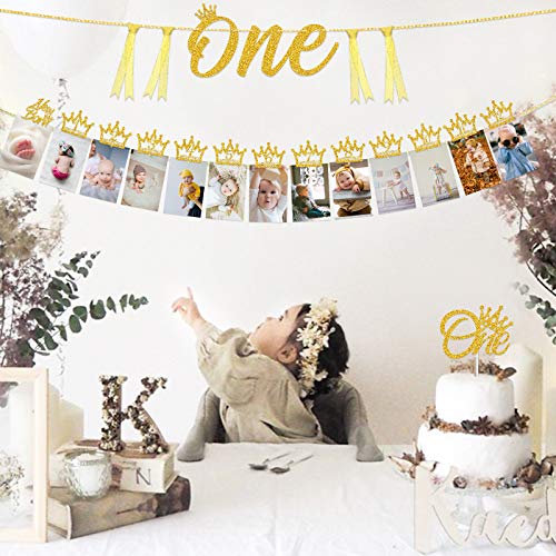 First Birthday Decorations, 1st Birthday Photo Banner for Newborn to 12Months, Gold “ONE” Birthday Banner and ONE Cake Topper for Birthday Party (Gold Glitter)