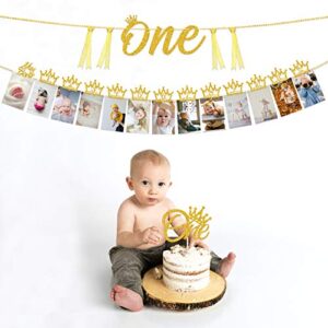 First Birthday Decorations, 1st Birthday Photo Banner for Newborn to 12Months, Gold “ONE” Birthday Banner and ONE Cake Topper for Birthday Party (Gold Glitter)