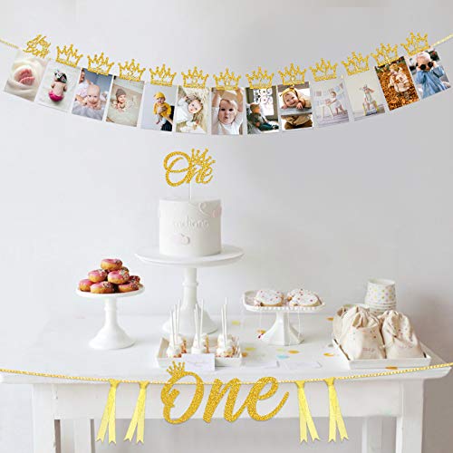 First Birthday Decorations, 1st Birthday Photo Banner for Newborn to 12Months, Gold “ONE” Birthday Banner and ONE Cake Topper for Birthday Party (Gold Glitter)