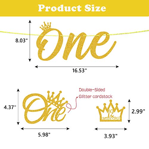 First Birthday Decorations, 1st Birthday Photo Banner for Newborn to 12Months, Gold “ONE” Birthday Banner and ONE Cake Topper for Birthday Party (Gold Glitter)