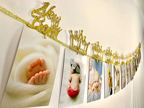 First Birthday Decorations, 1st Birthday Photo Banner for Newborn to 12Months, Gold “ONE” Birthday Banner and ONE Cake Topper for Birthday Party (Gold Glitter)