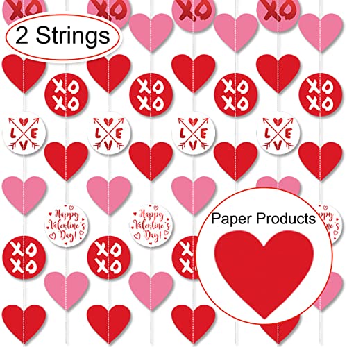 Valentines Day Decorations, 2Pcs Red and Pink Heart Banner 6M/19.6Ft Heart Bunting and Circle Dots Garland Paper Heart Bunting Banner with Love and XO for Valentines Anniversary Wedding Birthday