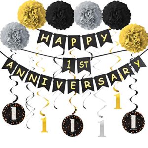 1 year anniversary decorations kit, 1st wedding anniversary banner party decorations suppilies – including gold glitter happy 1th anniversary banner / 9pcs sparkling 1 hanging swirl /6pcs poms…