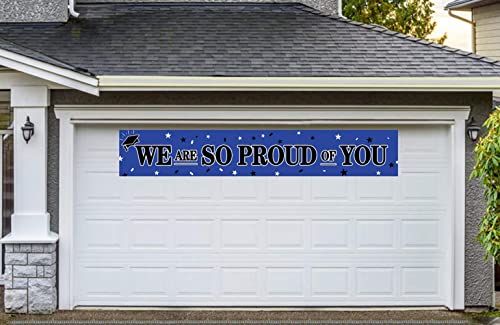 Large We are So Proud of You Banner, 2023 Graduation Party Supplies Decorations, 2023 Congratulations Banner, Congrats Banner, Graduation Decoration Blue and Black, Outdoor Indoor (9.8 x 1.6 feet)