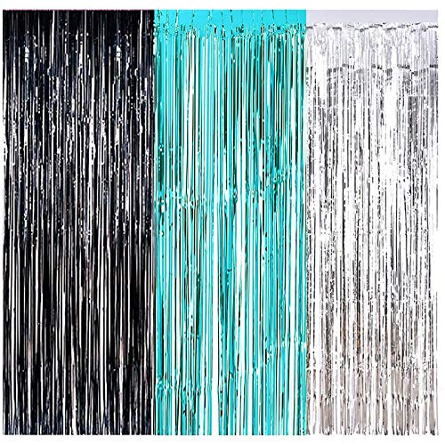 Graduation Decorations 2023 Turquoise Black Silver Foil Fringe Curtains for 2023 Turquoise Graduation Party Photo Backdrop/Women Birthday Decorations