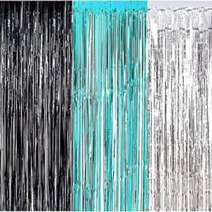 Graduation Decorations 2023 Turquoise Black Silver Foil Fringe Curtains for 2023 Turquoise Graduation Party Photo Backdrop/Women Birthday Decorations