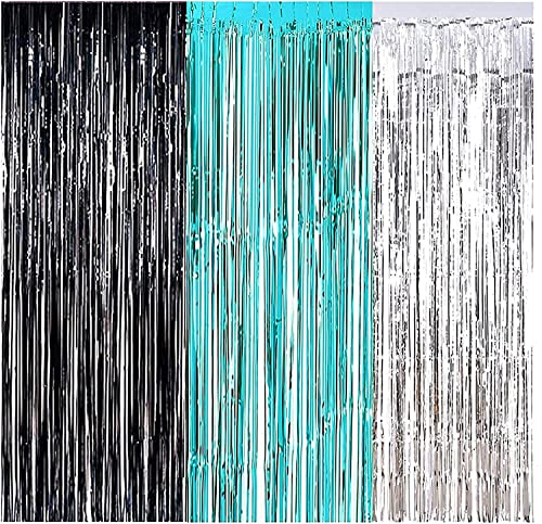 Graduation Decorations 2023 Turquoise Black Silver Foil Fringe Curtains for 2023 Turquoise Graduation Party Photo Backdrop/Women Birthday Decorations