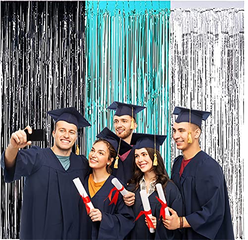 Graduation Decorations 2023 Turquoise Black Silver Foil Fringe Curtains for 2023 Turquoise Graduation Party Photo Backdrop/Women Birthday Decorations