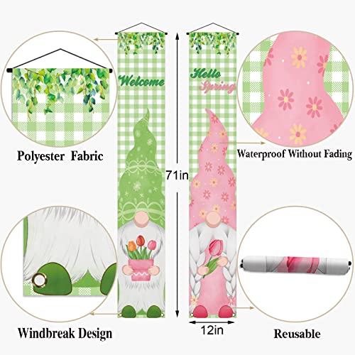 Pudodo Hello Spring Gnome Porch Banner Tulip Leaf Buffalo Plaid Check Holiday Front Door Banner Wall Hanging Party Decoration