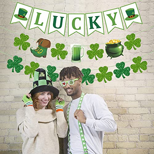 St Patricks Day Decorations Shamrock Banner Garland 3Pcs, Clover Glittery Garland Lucky Banner Set Irish Party Supplies Hanging Garland Decor Green for St Patricks Day for Party Home Store