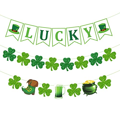 St Patricks Day Decorations Shamrock Banner Garland 3Pcs, Clover Glittery Garland Lucky Banner Set Irish Party Supplies Hanging Garland Decor Green for St Patricks Day for Party Home Store