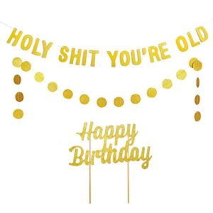 birthday party decorations holy sht you’re old glitter gold banner circle dots garland happy birthday cake topper 30th-40th-50th-60th-70th-80th birthday party baby shower supplies funny photo props