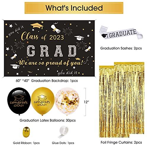 NAIWOXI Graduation Decorations Class Of 2023, Graduation Party Decorations Include Congrats Grad Banner, Hanging Swirl, Graduation Backdrop, Sash, Balloon, Foil Curtain, Tassel For Grad Party Supplies