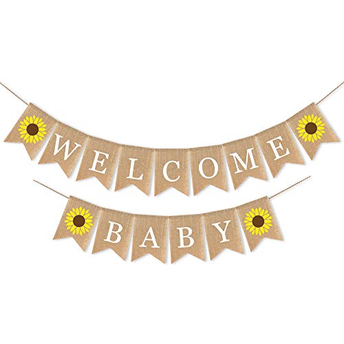 SWYOUN Burlap Welcome Baby Banner with Sunflower Baby Shower Supplies Garland Decoration