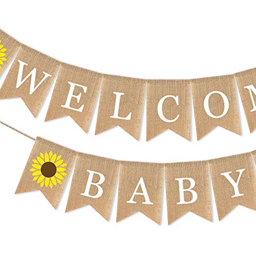 SWYOUN Burlap Welcome Baby Banner with Sunflower Baby Shower Supplies Garland Decoration