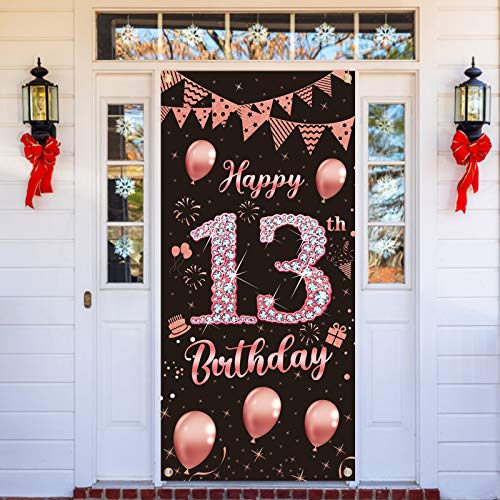 Lnlofen 13th Birthday Door Banner Decorations for Girls, Large 13 Year Old Birthday Party Door Cover Backdrop Supplies, Rose Gold Happy 13th Birthday Poster Sign