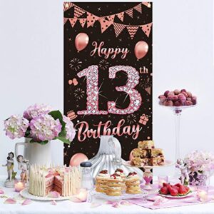 Lnlofen 13th Birthday Door Banner Decorations for Girls, Large 13 Year Old Birthday Party Door Cover Backdrop Supplies, Rose Gold Happy 13th Birthday Poster Sign