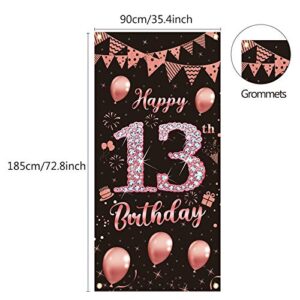 Lnlofen 13th Birthday Door Banner Decorations for Girls, Large 13 Year Old Birthday Party Door Cover Backdrop Supplies, Rose Gold Happy 13th Birthday Poster Sign