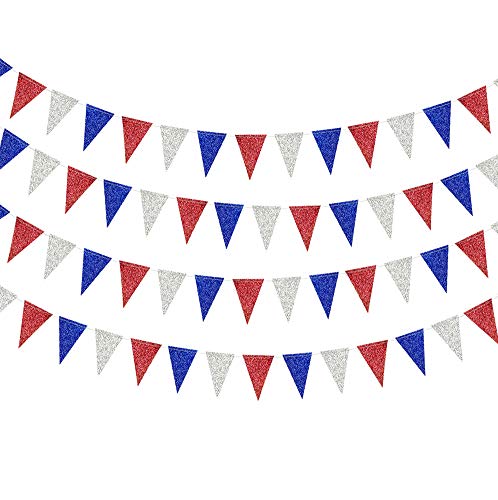 Decor365 Red Blue Silver/White National Day Patriotic Triangle Flag Banner Fourth/4th of July USA American Independence Day Celebration Party Garland Hanging Decoration for Birthday/Baby Shower