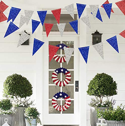 Decor365 Red Blue Silver/White National Day Patriotic Triangle Flag Banner Fourth/4th of July USA American Independence Day Celebration Party Garland Hanging Decoration for Birthday/Baby Shower