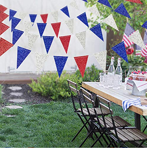 Decor365 Red Blue Silver/White National Day Patriotic Triangle Flag Banner Fourth/4th of July USA American Independence Day Celebration Party Garland Hanging Decoration for Birthday/Baby Shower