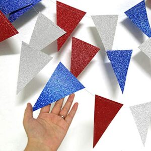 Decor365 Red Blue Silver/White National Day Patriotic Triangle Flag Banner Fourth/4th of July USA American Independence Day Celebration Party Garland Hanging Decoration for Birthday/Baby Shower