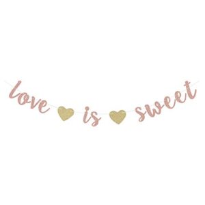 Rose Gold Love is Sweet Banner for Wedding Bridal Shower Engagement Party Sign Backdrops with Two Paper Hearts