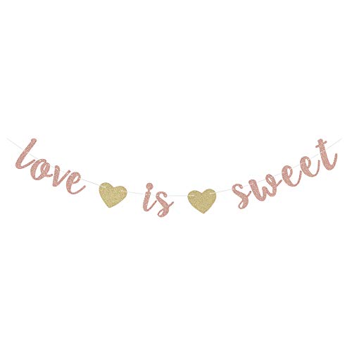 Rose Gold Love is Sweet Banner for Wedding Bridal Shower Engagement Party Sign Backdrops with Two Paper Hearts