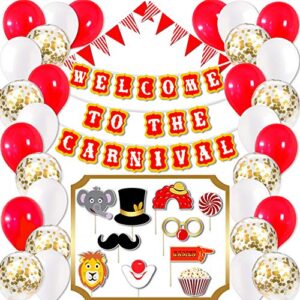 carnival circus party decorations supplies kit | “welcome to the carnival” banner | carnival circus photo props | red & white striped pennant banner flags | 10 white 10 red & 10 gold confetti balloons