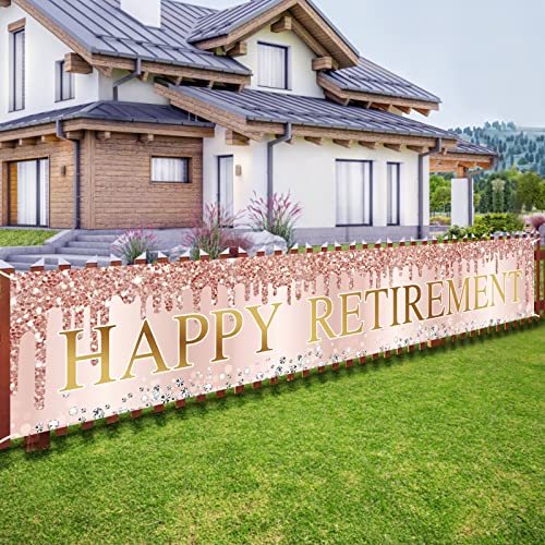 Pink Rose Gold Happy Retirement Banner Decorations for Women, Large Retirement Yard Banner Sign Party Supplies, Retired Theme Party Photo Booth Props Decor Outdoor Indoor (9.8x1.6ft)