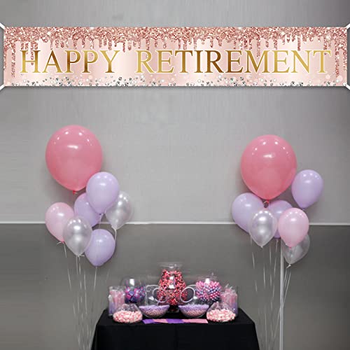 Pink Rose Gold Happy Retirement Banner Decorations for Women, Large Retirement Yard Banner Sign Party Supplies, Retired Theme Party Photo Booth Props Decor Outdoor Indoor (9.8x1.6ft)