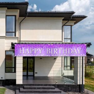 Purple Silver Happy Birthday Banner Decorations for Women Girls, Happy Birthday Yard Banner Sign Party Supplies, 16th 21st 30th 40th 50th 60th Bday Decor for Outdoor Indoor