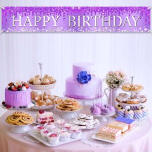 Purple Silver Happy Birthday Banner Decorations for Women Girls, Happy Birthday Yard Banner Sign Party Supplies, 16th 21st 30th 40th 50th 60th Bday Decor for Outdoor Indoor