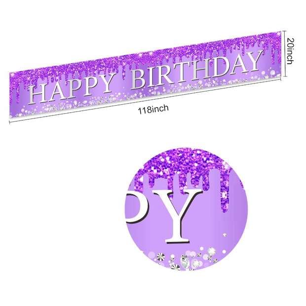 Purple Silver Happy Birthday Banner Decorations for Women Girls, Happy Birthday Yard Banner Sign Party Supplies, 16th 21st 30th 40th 50th 60th Bday Decor for Outdoor Indoor