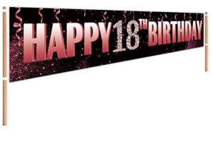 large happy 18th birthday yard sign banner, 18 years old birthday sign, 18th birthday party supplies decorations, 18th birthday black pink rose gold decorations (9.8 x 1.6 ft)