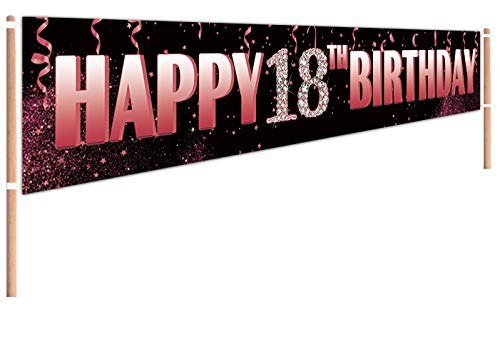 Large Happy 18th Birthday Yard Sign Banner, 18 Years Old Birthday Sign, 18th Birthday Party Supplies Decorations, 18th Birthday Black Pink Rose Gold Decorations (9.8 x 1.6 ft)