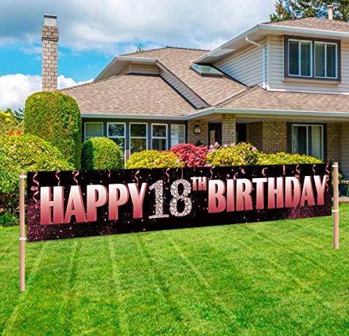 Large Happy 18th Birthday Yard Sign Banner, 18 Years Old Birthday Sign, 18th Birthday Party Supplies Decorations, 18th Birthday Black Pink Rose Gold Decorations (9.8 x 1.6 ft)