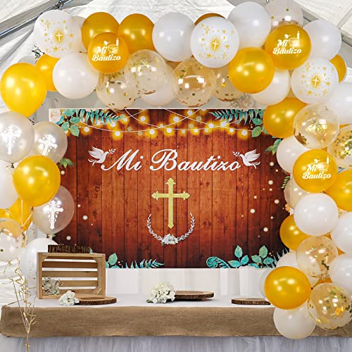 Gold and White Mi Bautizo Decorations Bautizo Balloon Garland Kit and Backdrop Banner for Bautizo Baby Shower Party First Communion and Confirmation Decoration Christening Event