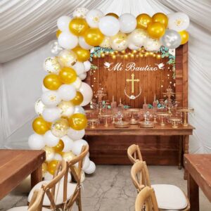 Gold and White Mi Bautizo Decorations Bautizo Balloon Garland Kit and Backdrop Banner for Bautizo Baby Shower Party First Communion and Confirmation Decoration Christening Event