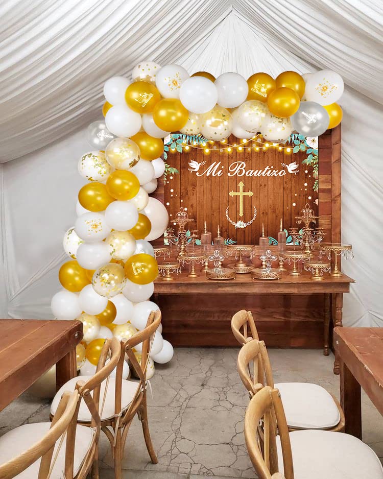 Gold and White Mi Bautizo Decorations Bautizo Balloon Garland Kit and Backdrop Banner for Bautizo Baby Shower Party First Communion and Confirmation Decoration Christening Event