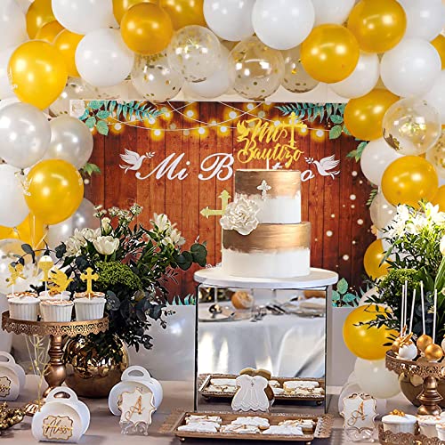 Gold and White Mi Bautizo Decorations Bautizo Balloon Garland Kit and Backdrop Banner for Bautizo Baby Shower Party First Communion and Confirmation Decoration Christening Event