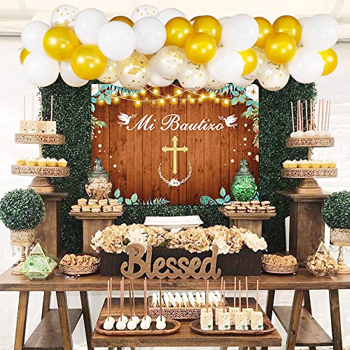 Gold and White Mi Bautizo Decorations Bautizo Balloon Garland Kit and Backdrop Banner for Bautizo Baby Shower Party First Communion and Confirmation Decoration Christening Event